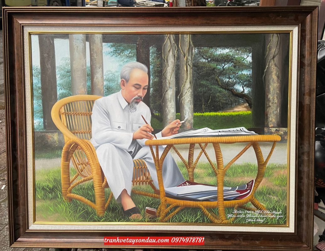Tranh bác hồ ngồi làm việc nghế mây SV56 - Tranh Sơn Dầu Hà Nội-Tranh ...